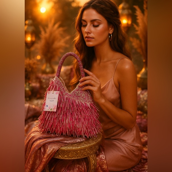 Bags | Handcrafted Pink Beaded Fringe Purse Made In India Nwt | Poshmark